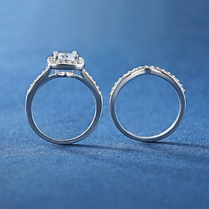 MDFUN 18K White Gold Plated Cubic Zirconia Two-In-One Halo Wedding Engagement Promise Eternity Ring for Women Size 7