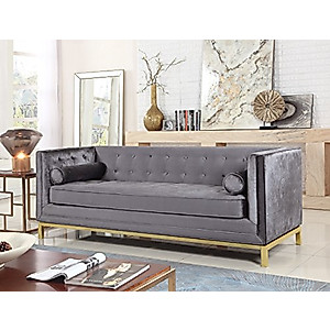 Iconic Home Dafna Club Sofa Sleek Elegant Tufted Velvet Plush Cushion Brass Finished Stainless Steel Brushed Metal Frame Couch, Modern Contemporary, Grey