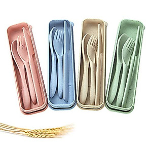 4 Sets Portable Cutlery,Wheat Straw Cutlery, Spoon Knife Fork Tableware set, for Kids Adult Travel Picnic Camping (4 Colors)