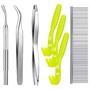 Tick Removal Tool Kit, Include 3 Pieces Plastic Removers, 3 Pieces Stainless Steel Tweezers with Comb for Dog and Cats (Fluorescent Green)
