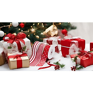 Fabric Ribbons Red and White Plaid Ribbon for Crafts, Grosgrain Striped Ribbon for Gift Wrapping, 1 Inch Organza Polka Dot Ribbon, 30 Yard