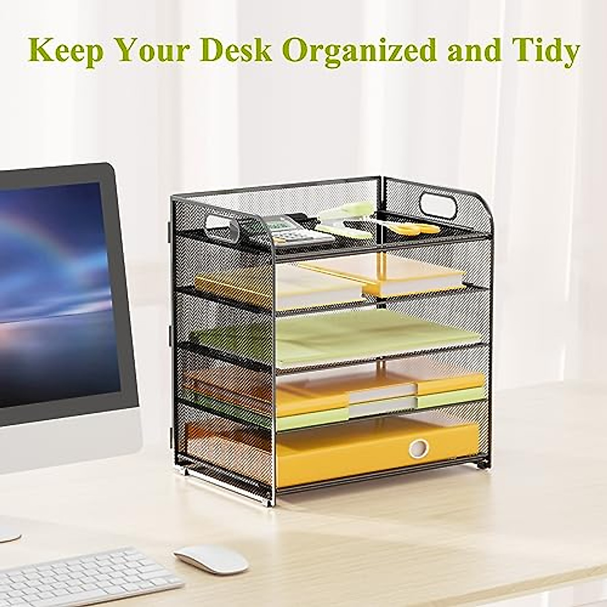 5 Tier Paper Letter Tray Organizer with Handles, VIEERINN Mesh Desk File Organizer Metal Paper Sorter Holder, Desktop Document Shelf Tray Storage Organization for Office School Home