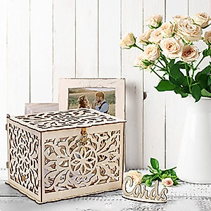 Lawei Wedding Card Box with Lock and Card Sign, Rustic Wooden Card Box, DIY Envelop Gift Money Box Holder, Large Hollow Envelope Box for Wedding Reception, Baby Shower, Birthday, Graduation, Yellow