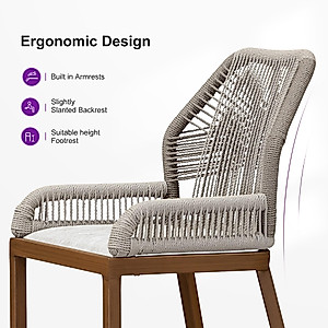 PURPLE LEAF 2 Pieces Counter Height Bar Stools Patio Boho Rattan Barstools Aluminum Woven Bar Chairs with Cushions for Outdoor Kitchen Island Garden