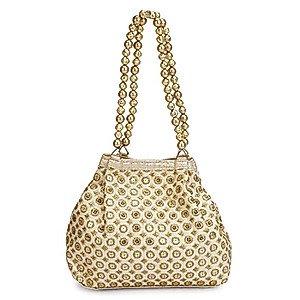 Indian Ethnic Designer Embroidered Silk Potli Bag Batwa Pearls Handle Purse (Golden-3)