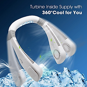 MQUPIN Portable Neck Fan, Hands Free Bladeless Fan, Large Capacity Battery Operated 3 Wind Speed Personal Fan Adjustable,USB Rechargeable for Office,Camping, Hiking, Travel - White