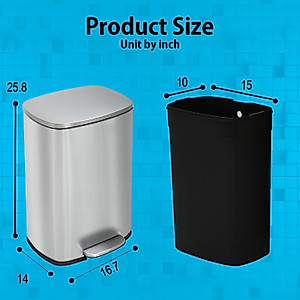 PayLessHere 13 Gallon (50L) in Home Recycling Bin Kitchen Stainless Steel Recycling Bin with Lid Removable Inner Bucket Foot Pedal Soft Close for Office Home Kitchen Garbage Can Trash Bin