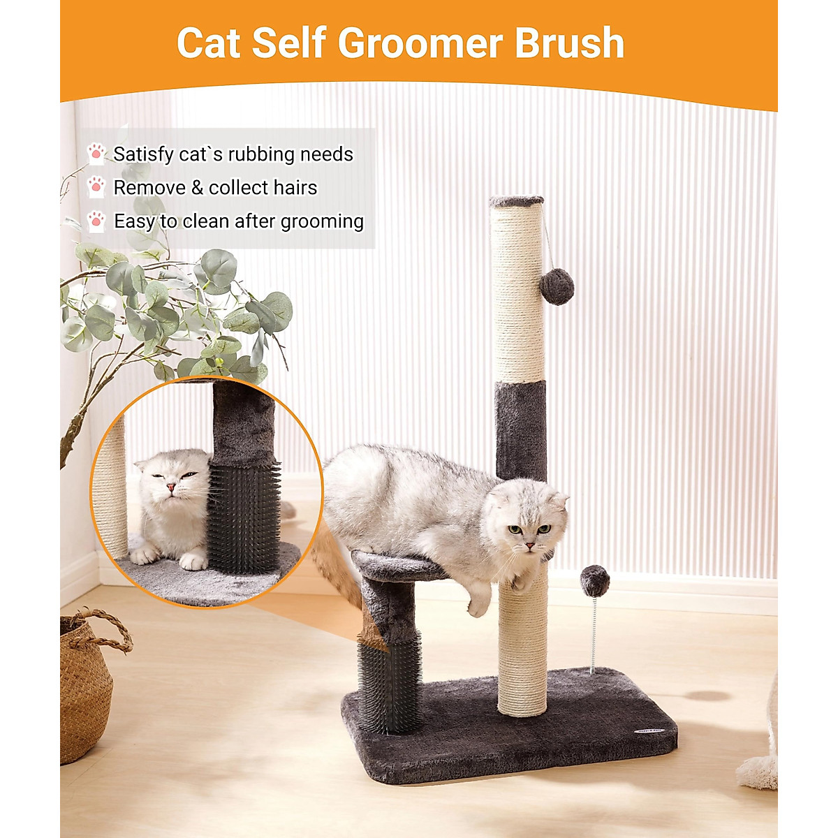 Happi N Pets 34“ Tall Cat Scratching Post for Big Cats, Natural Sisal Cat Scratchers for Indoor Cats, Heavy Duty Cat Stands Featuring with Cat Self Groomer and Hanging Toys, Free Catnip-Gray