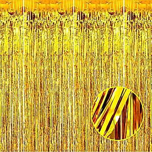 4 Pack Gold Foil Fringe Curtain Backdrop, 3.28Ft x 8.2Ft Metallic Tinsel Foil Fringe Streamer Curtains for Photo Booth Props Decor Party Supplies