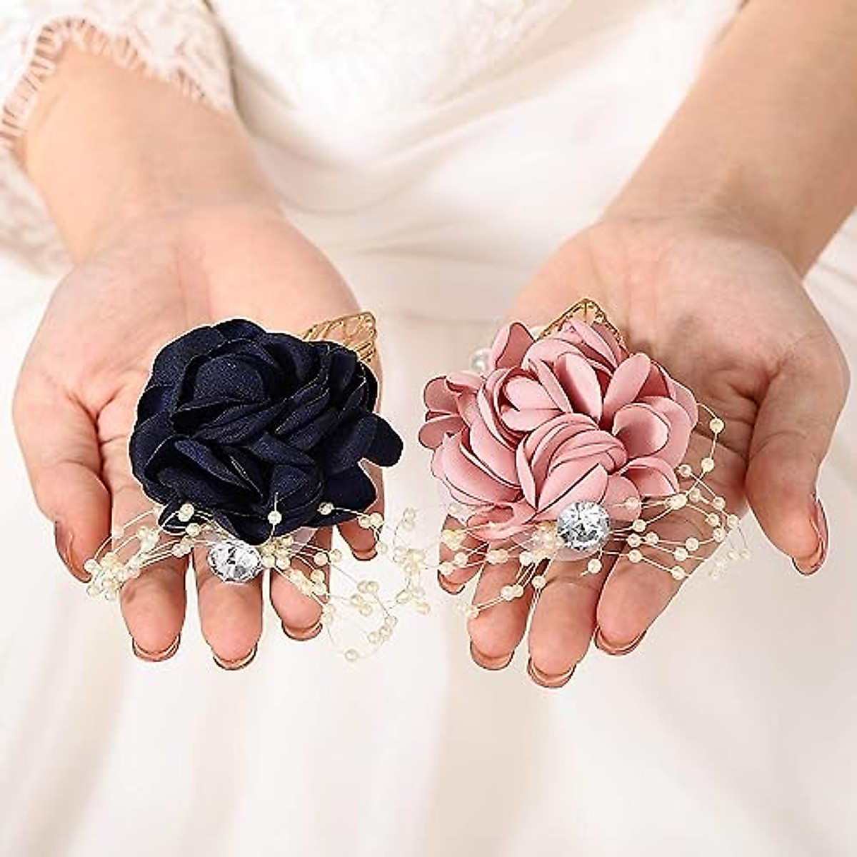 Fstrend Wedding Bridal Corsage Bridesmaid Pearl Leaf Wrist Flower Party Prom Hand Flower Crystal Bride Wedding Accessories for Women and Girls (Pink)