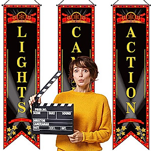 Tegeme Movie Night Porch Sign Banner Theme Party Decorations Theater Welcome Now Showing Lights Camera Action Hanging for Home Film Backdrop Supplies (Delicate Style, 3 Pieces)