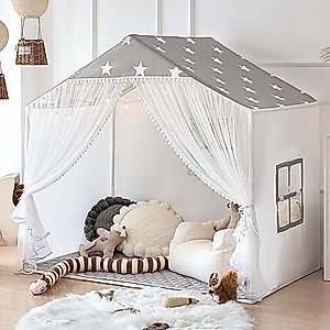 Kids Play Tent with Mat, Large Playhouse Tent with Pompoms Door Curtains, Children Play House for Girls Boys, Indoor Play Cottage (Grey)