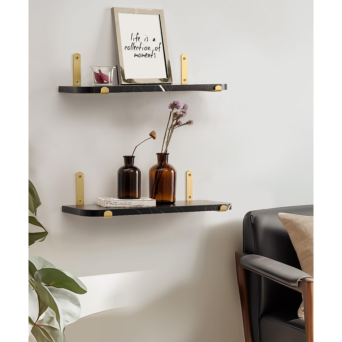 Afuly Black Floating Shelves for Wall, Gold Shelf for Home Decor, 16 inch Wall Mounted Shelves for Living Room Bedroom Bathroom, Modern Luxury Storage Display Marble Shelf
