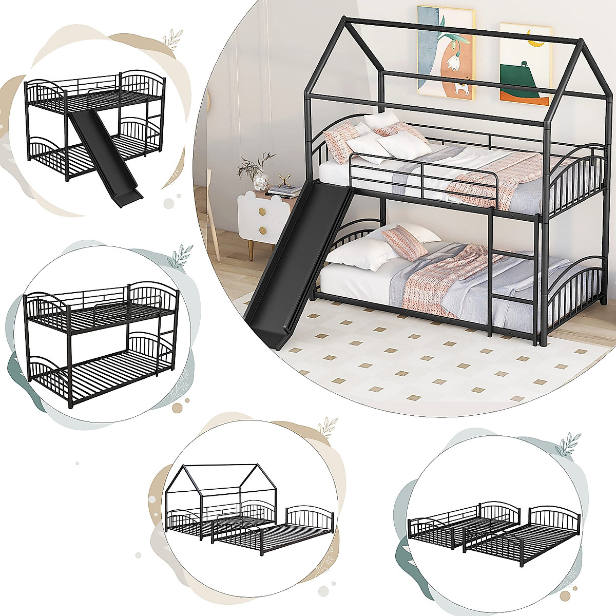 House Bunk Bed with Slide, Twin Over Twin Metal Bunk Bed with Roof and Security Guardrail, Floor Bunk Bed for Kids Teens Boys & Girls, Convertible Design (Black)