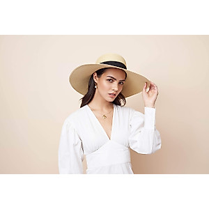 Pineapple&Star Jeune Wide Brim Sun Straw Beach Hat Fine Braid UPF50+ for Women (Small, Beige)