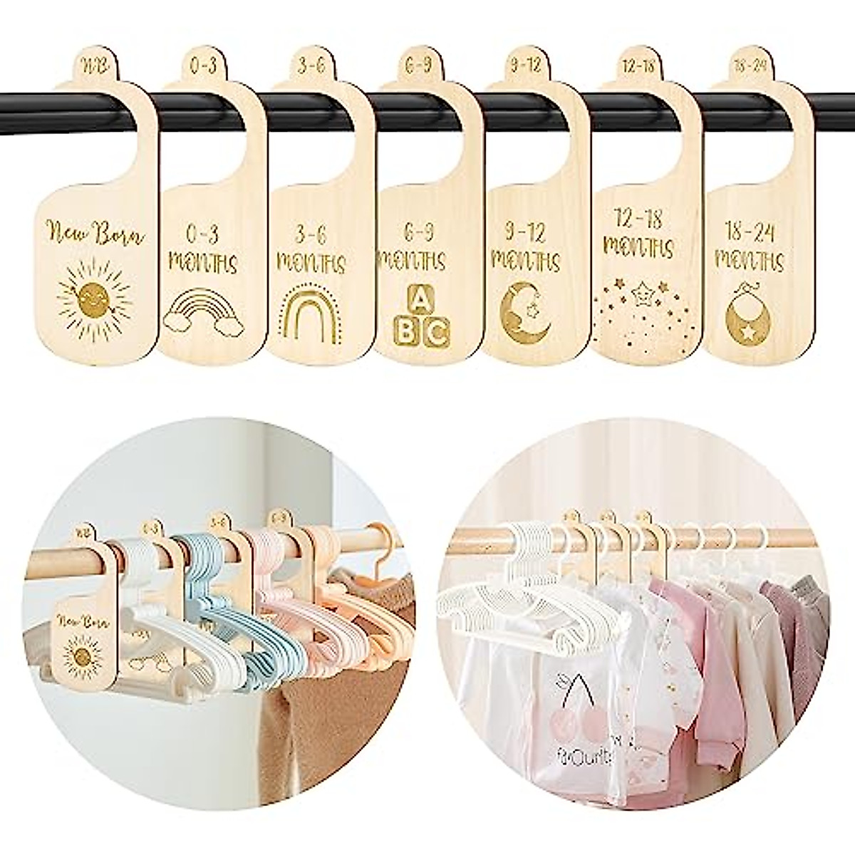 Baby Closet Dividers - Set of 7 Baby Clothes Organizer, Wooden Clothes Organizer from Newborn to 24 Months, Nursery Organizers for Hanger Dividers