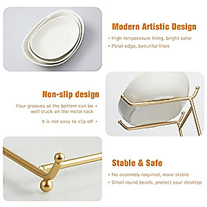 HOMKULA Fruit Bowl for Kitchen Counter - 2 Tier Ceramic Serving Bowls with Metal Stand, Tiered Fruit Basket for Fruit Vegetable Storage, Snack, Nuts, Cake, Dessert (Gold)