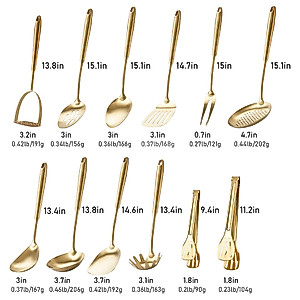 Gold Kitchen Utensils Set, 12 PCS Brass Matte Serving Utensils Set, 304 Stainless Steel All Metal Cooking Utensil - Potato Masher, Tongs, Spatula, Meat Fork, Ladle, Skimmer Spoon, Spaghetti Spoon Set