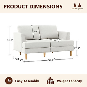 Busaurus Loveseat Sofa 56" Mid Century Modern Small Couches for Small Spaces Love Seat with 2-Seat Upholstered Cushion Sofa Couches for Bedroom, Living Room, Apartment, Office (Beige)