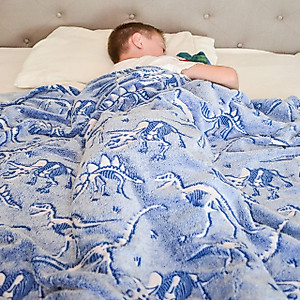 Dinosaur Blanket Glow in The Dark Luminous Dino Blanket for Kids - Soft Plush Blue T-Rex Blanket Throw for Boys and Girls - Large 60in x 50in Glowing Jurassic Dinosaur Fossil Gift Dino Bones Blankets