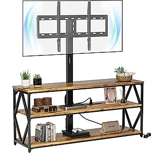 Furmax TV Stand with Mount and Power Outlet, Universal Height Adjustable Swivel TV Stand Mount for Up to 75 Inch TVs, Entertainment Center with Storage Shelves for Living Room, Rustic Brown