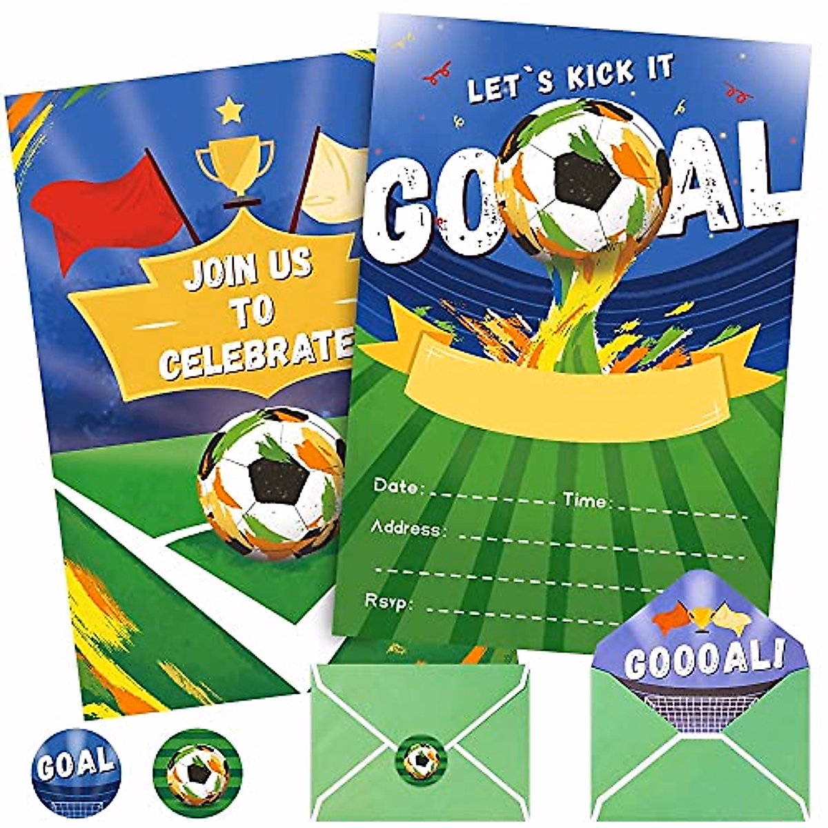 WERNNSAI Soccer Ball Birthday Party Invitations with Envelopes for Boys - Sports Themed Birthday Party Supplies Kids Girls 24 Count Football Blank Party Invites Cards with Goal Stickers