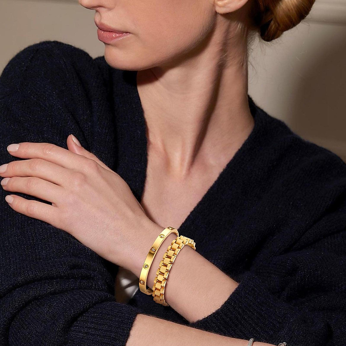 MPRAINBOW 2pcs Gold Chain Link Bracelet - Stainless Steel Love Crystal Friendship Bracelet Bangle,Watch Band Chain Wristband Jewelry with Adjust Tool