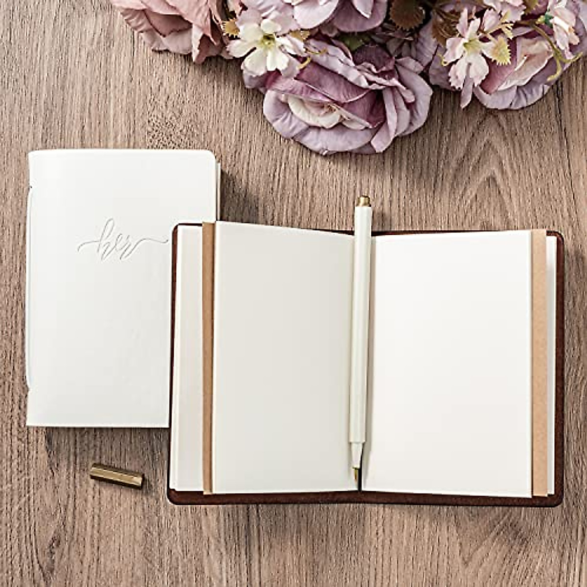 Calculs Handcrafted Wedding Vow Journals Set of 2 Black & White Authentic Cowhide Cover with His and Her Stamping