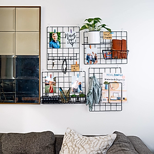 4 Pack Wire Wall Grid Panel with Accessories | Includes Hanging Wall Baskets, Letter Sorter, Shelf & Hook Rack | Grid Wall Panels | Photo Grid | Hanging Home, Office & Kitchen Décor | Photo Wall