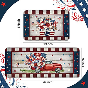 Suttmin 2 Pieces 4th of July Kitchen Rugs Patriotic Truck and Jar Mats Independence Day Rugs Memorial Day Red White Blue Floor Rug for Memorial Day Home Decor, 17 x 29 Inches, 17 x 47 Inches