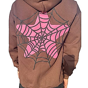 ZJLJAYCHOU Women's Men's Y2k Hoodie Spider Web Graphic Print Sweatshirt Gothic Oversized Jackets (Brown, XL)