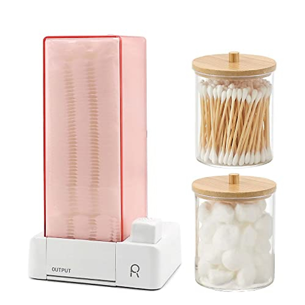 Cotton Pad Dispenser Square Automatic Cotton Pad Holder Wall Mount Cotton Pad Dispenser with 2 Clear Jar Bathroom Canister for Qtip Cotton Ball Apothecary Swab Vanity Cosmetic Storage and Organizer