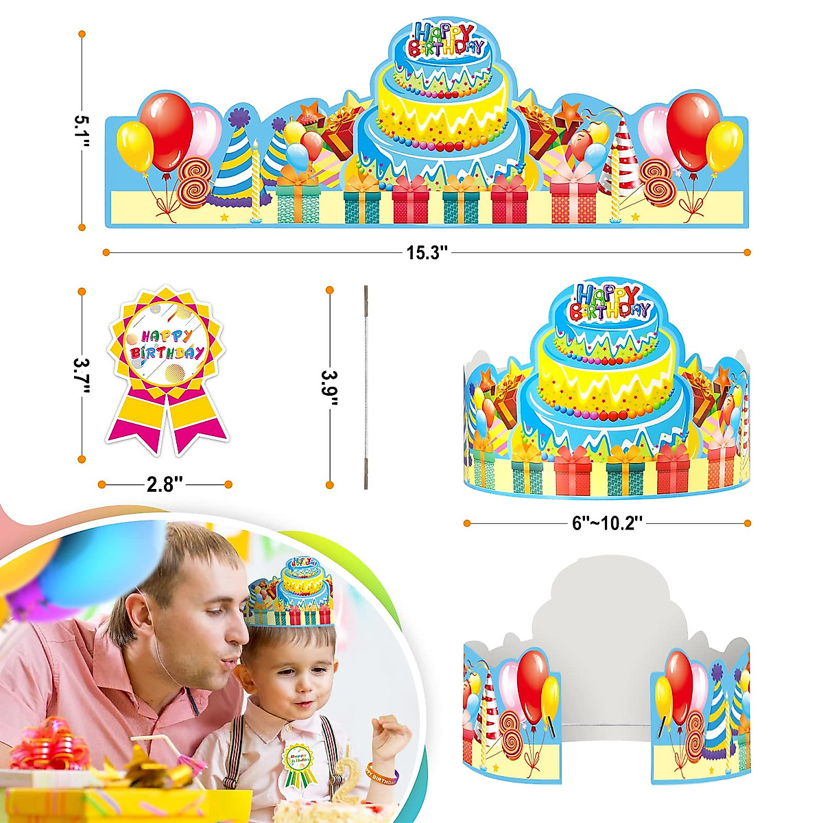 90 Pcs Happy Birthday Kits for Kids Classroom, Include Happy Birthday Crowns, Silicone Stretches, Badge Stickers, Students Kindergarten Birthday Party Hats for School Teacher Classroom Party Supplies