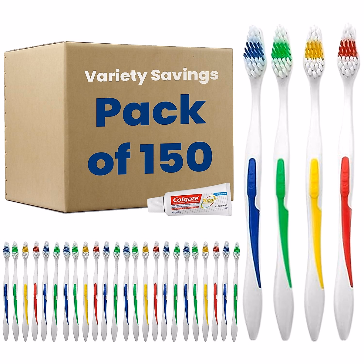 Variety Savings 150 Toothbrushes Bulk Wholesale Quantity Standard Size, Dental Care Toiletries, Medium Soft Bristles, Individually Wrapped, Homeless Care, Disposable Use, Hotels, Travel