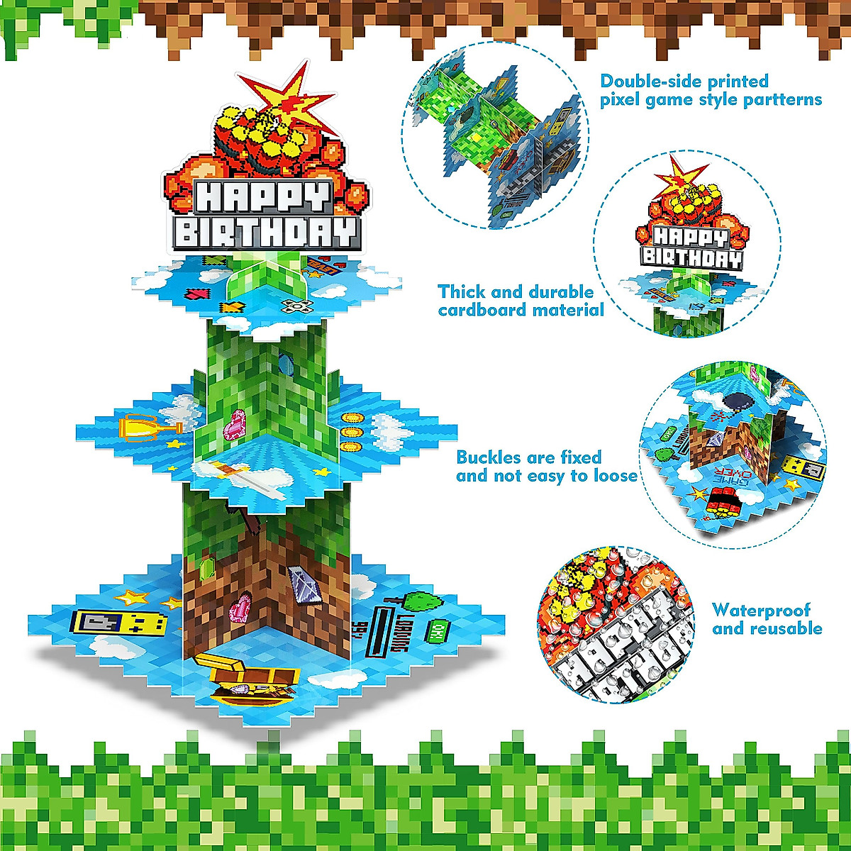 3-Tier Pixel Game Style Cupcake Stand,Mining Birthday Party Decoration Cardboard Cupcake Stand, Dessert Holder Display for Birthday Party Supplies