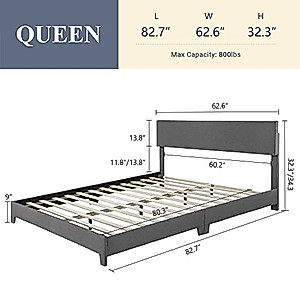 Allewie Queen Size Bed Frame with Adjustable Headboard, Upholstered Platform Bed with Sturdy Wood Slat Support, No Box Spring Needed, Easy Assembly, Dark Grey