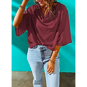 Dokotoo Spring Summer Short Sleeve Wrap Draped Front Tops for Women Work Casual Sexy V Neck Ladies Chiffon Shirts for Women Trendy 2025 Cute Floral Print Blouses for Women Business Casaul,Red,Small