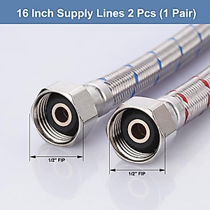ARCORA 16-Inch Length Faucet Hose Connector Braided Stainless Steel cUPC Supply Lines 1/2-Inch FIP x 1/2-Inch FIP Faucet Hose Replacement 1 Pair