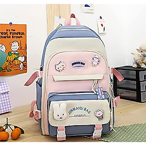 LaurelTree Kawaii Aesthetic Cute 5pcs School Bags Set with Accessories School Suppliers for Teens Girls Backpack Tote Bag (Blue)