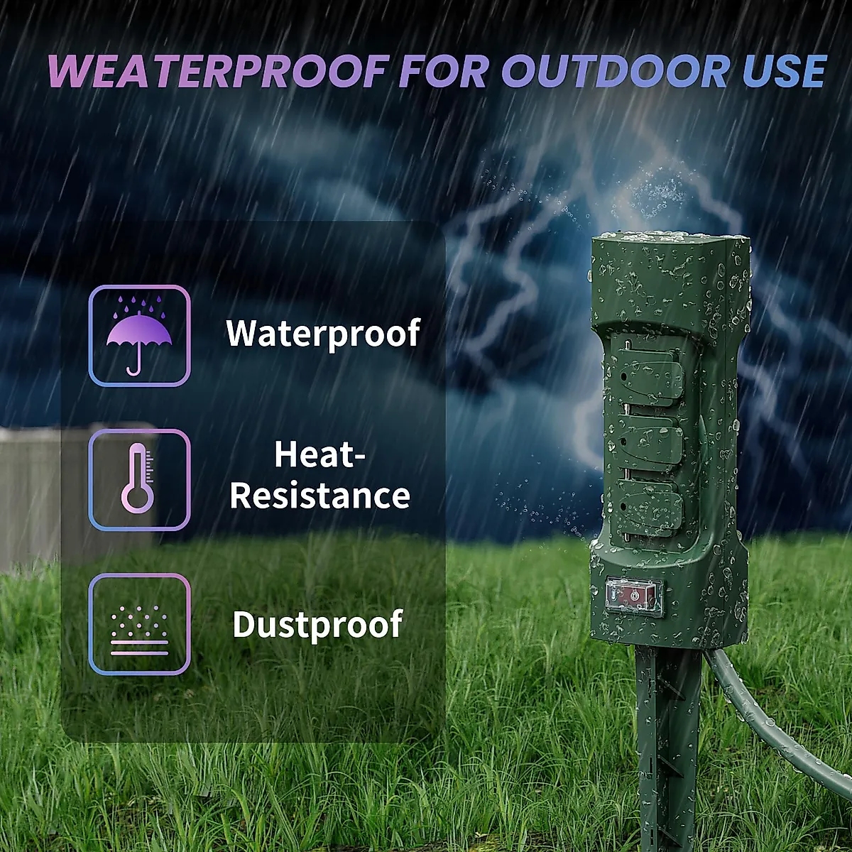 K KASONIC Outdoor Power Stake, Kasonic 6-Outlet 9 ft Extension Cord Power Strip, Double Sided with Weatherproof Safety Flip Covers, ETL Certified Multi-Outlets (Outdoor)