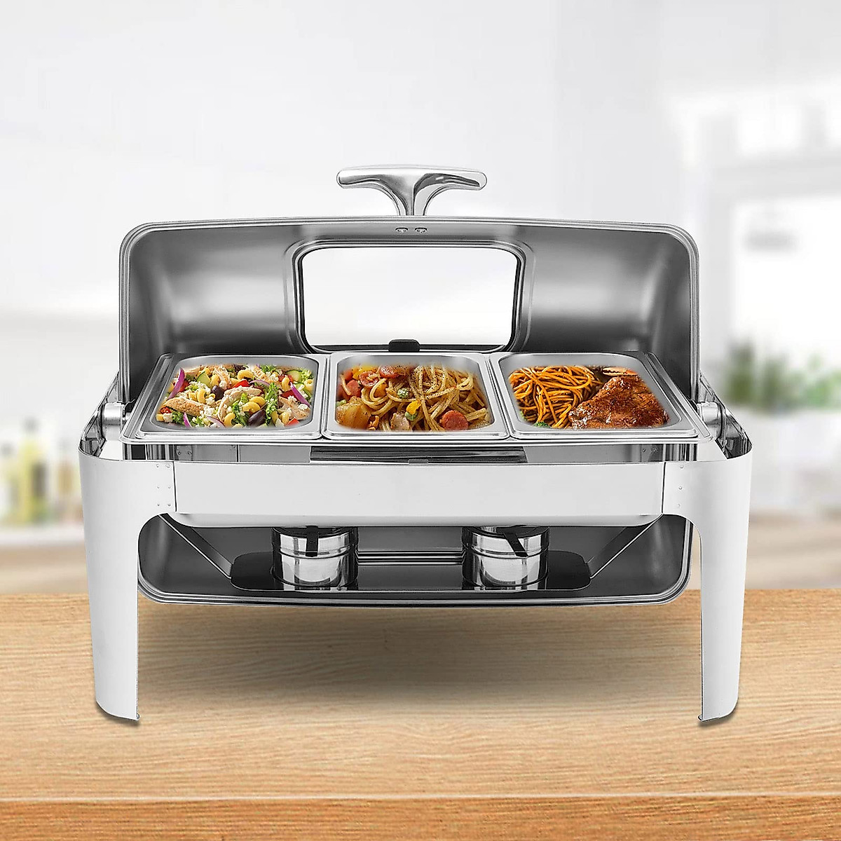 Chafing Dish Buffet Server, Food Warmers Roll Top Chaffing Server with 3 Pans Food Warmers with Alcohol Stove Food Trays for Catering Party buffet