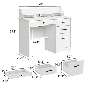 4 EVER WINNER Computer Desk with Drawers, 44 Inch Farmhouse Home Office Desk with Monitor Stand and File Drawer, Wood Study Writing Table for Small Spaces, Small Desk for Bedroom, White