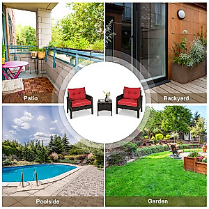 DORTALA 3 Piece Patio Furniture Set, Outdoor Rattan Wicker Conversation Set with Cushions, Glass Top Coffee Table for Garden Balcony Poolside, Red