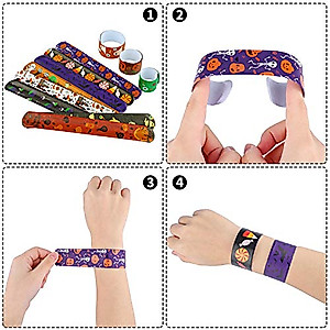 ELCOHO 48 Pieces Halloween Slap Bracelets Toys Assorted Halloween Designs Snap Bracelets Wristbands for Craft Halloween Party Favors Exchanging Gifts