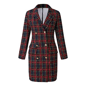 F_Gotal Womens Dresses Double Breasted Plaid Button Front Business Pencil Style Long Dress for Work Casual Party Cocktail Red