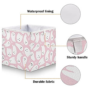 Vnurnrn Pink Cute Halloween Ghost Foldable Fabric Storage Baskets, Collapsible Organizer Storage Cube for Drawers Organizer,Bedroom,Office,Kids Playroom Toys, 15.7x10.6x7 inches