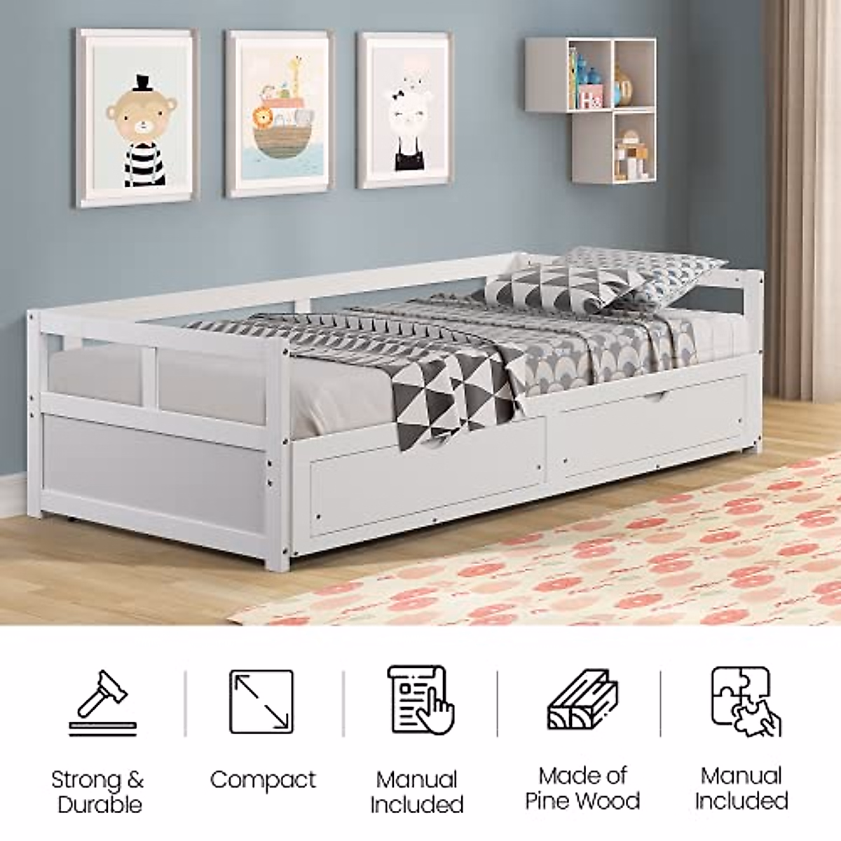 Hanway Twin Daybed with Two Drawers - White Solid Pine Wood Material - Extendable to King Size Bed Frame with Extra Storage Drawers – Elegant Furniture for Compact Rooms
