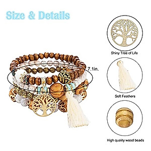 Tree of Life Leather Bracelets for Women Bohemian Stretch Wood Beaded Bracelets for Women Boho Tassel Bracelet Multilayer Stackable Bracelets Christmas Birthday Jewelry Gifts for Teens Girls
