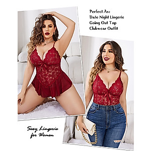 Avidlove Plus Size Women Lingerie Bodysuit Sexy Lace Teddy One Piece Babydoll Chemise L-4XL Dark Red
