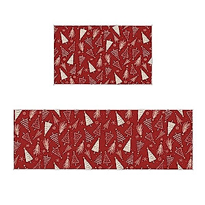 Libaoge Christmas Kitchen Rugs and Mats Set of 2 Xmas Tree Red Background Kitchen Sink Mat,Non-Slip Area Runner Rug,Washable Floor Mat for Home Dining Room Office 24"x35"+24"x71"